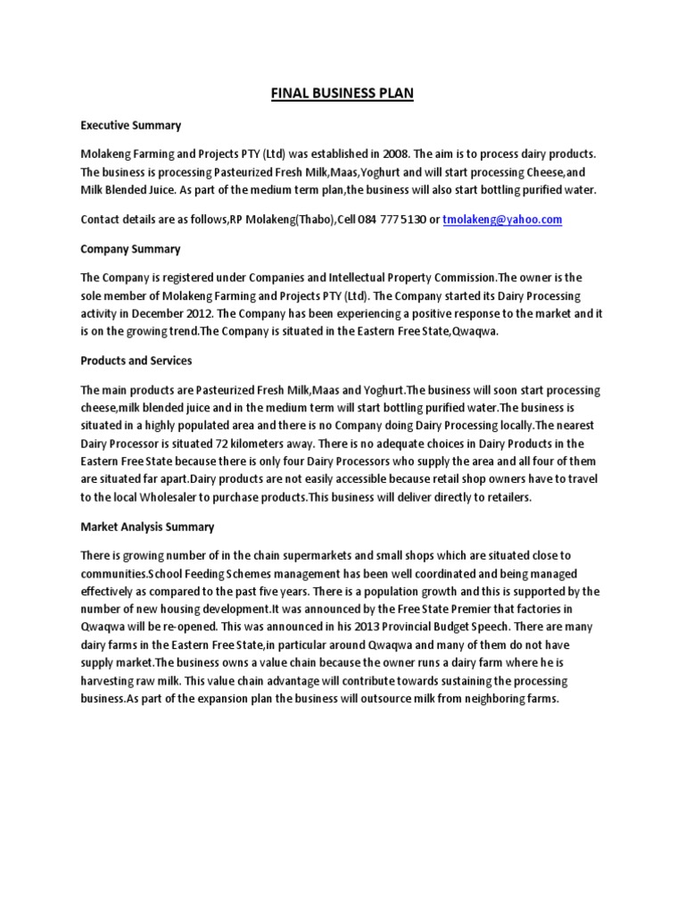 Sample FINAL BUSINESS PLAN Dairy Farm PDF | PDF | Dairy | Milk