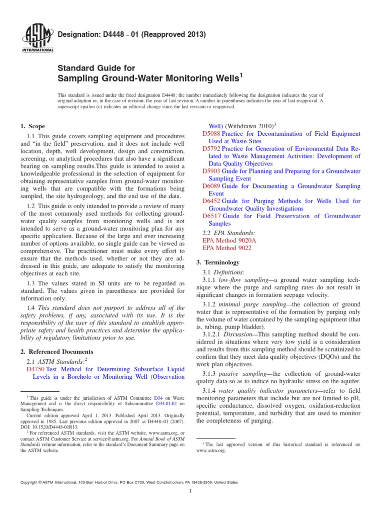 D4448-01 (2013) Standard Guide For Sampling Ground-Water Monitoring ...