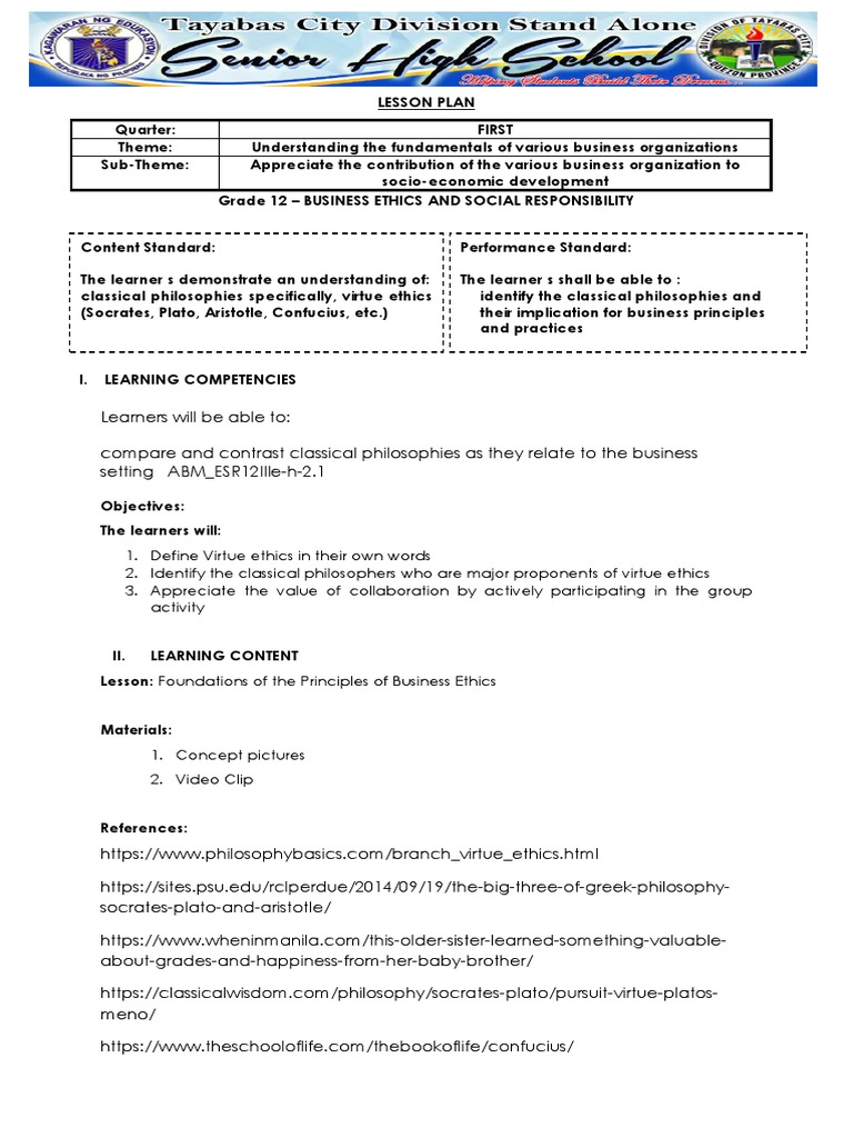 Grade 12 Business Ethics Lesson Plan | PDF | Virtue Ethics | Socrates