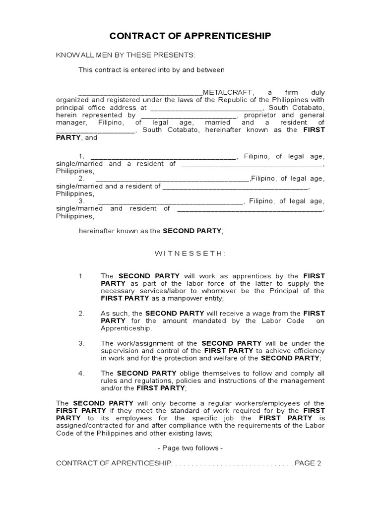 An Agreement for Apprenticeship: Detailing the Terms and Conditions of ...