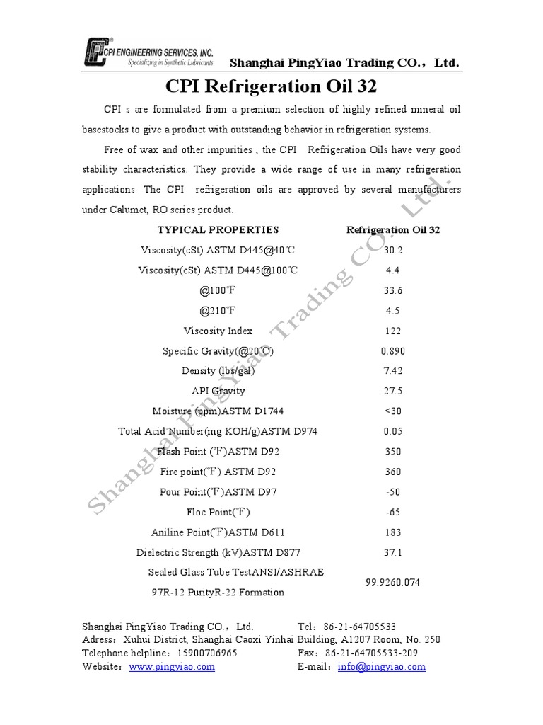 Technical Specifications and Properties of CPI Refrigeration Oil 32 ...