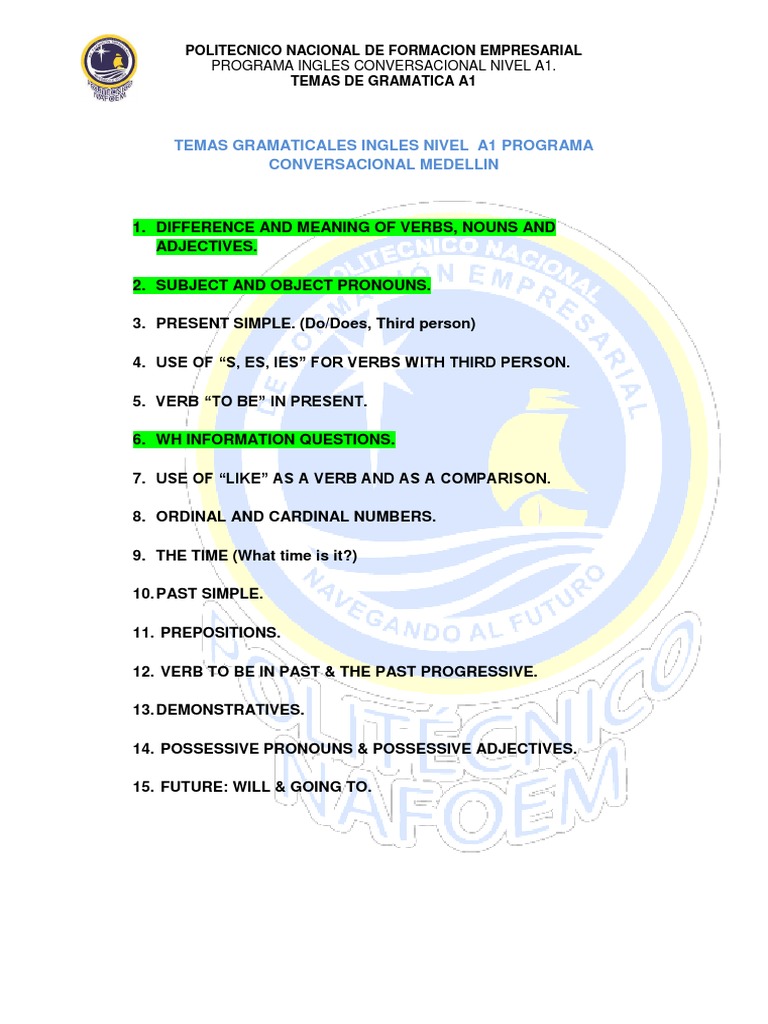 Grammar Topics English A1 Temas Gramaticales Nivel A1 | PDF