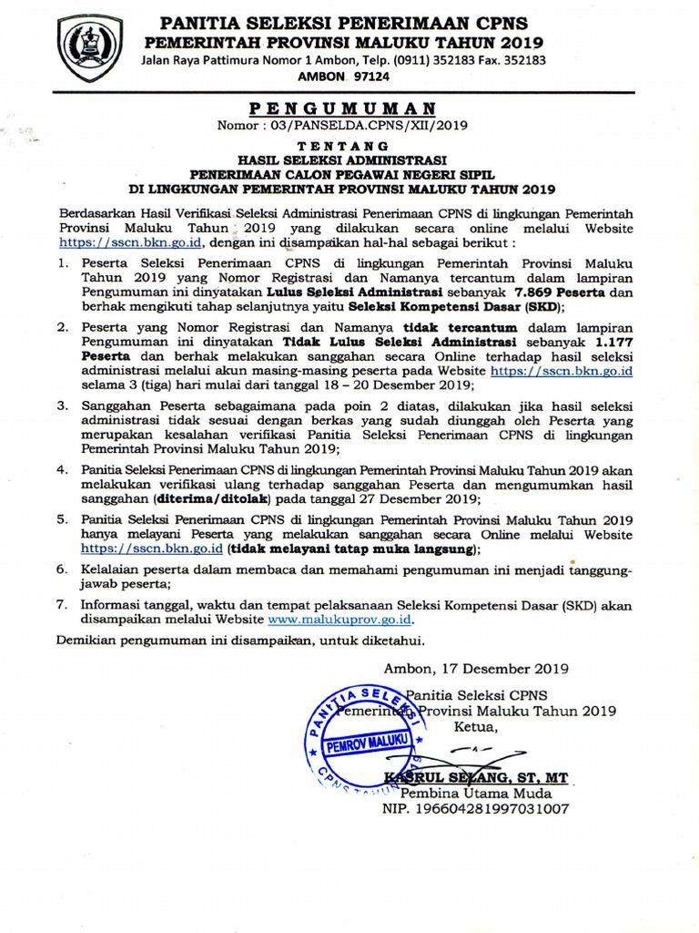 Pengumuman Hasil Seleksi Administrasi CPNS 2019 | PDF