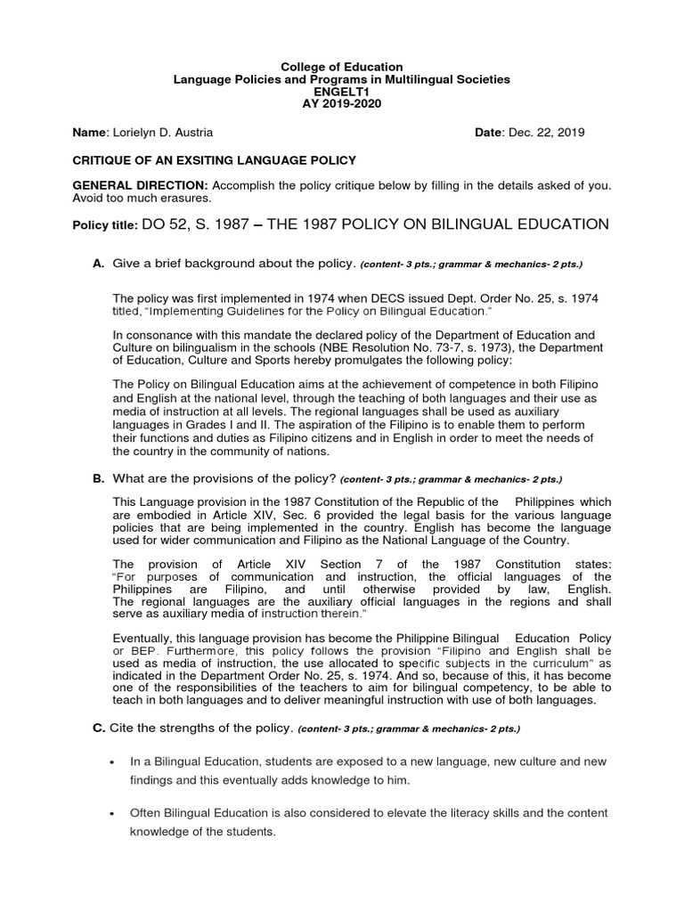 Policy of Bilingual Education | PDF | Multilingualism | Second Language