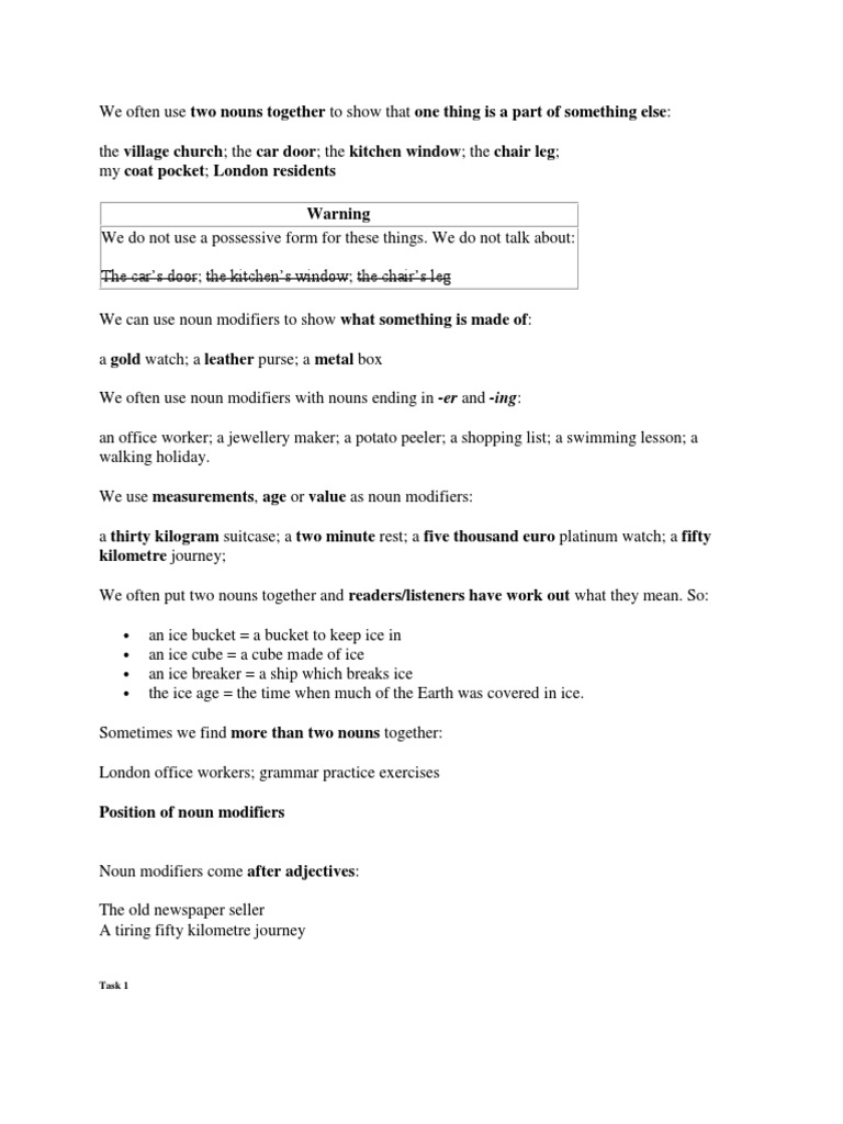 Noun Modifiers: Rules and Examples | PDF | Adjective | English Grammar