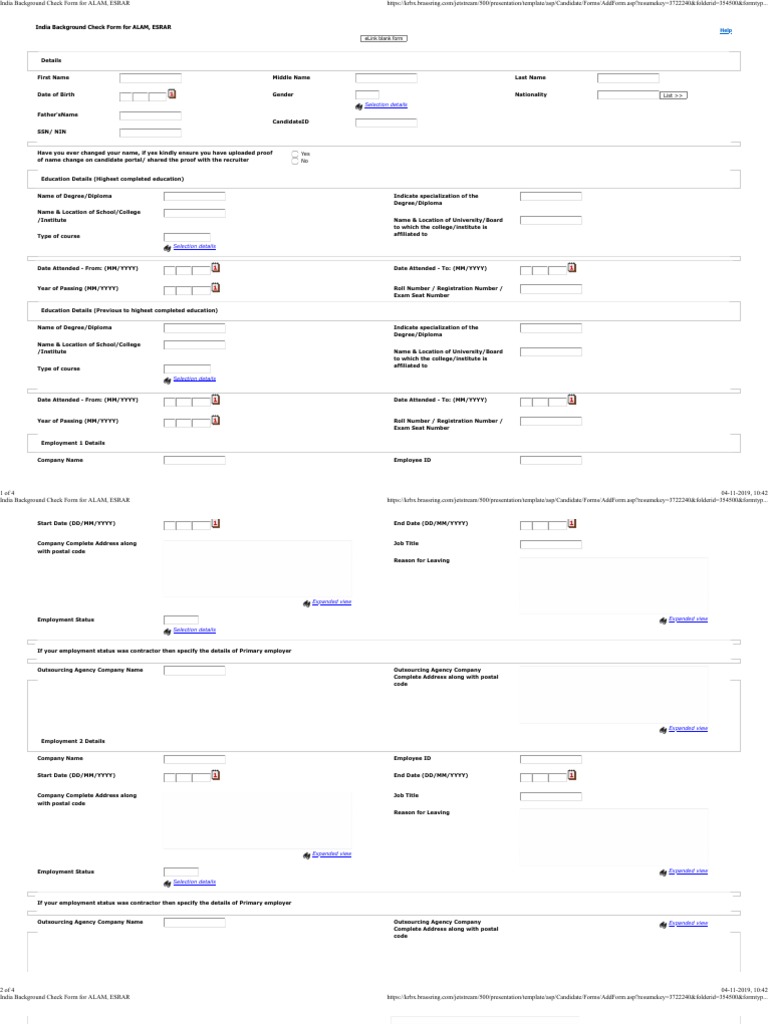 India BG check form | PDF | Background Check | Employment