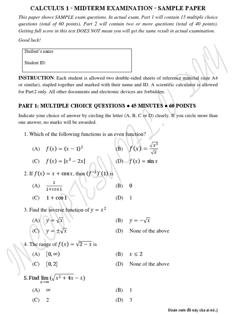 TA Mid Sample With Key PDF | Download Free PDF | Tangent | Function ...