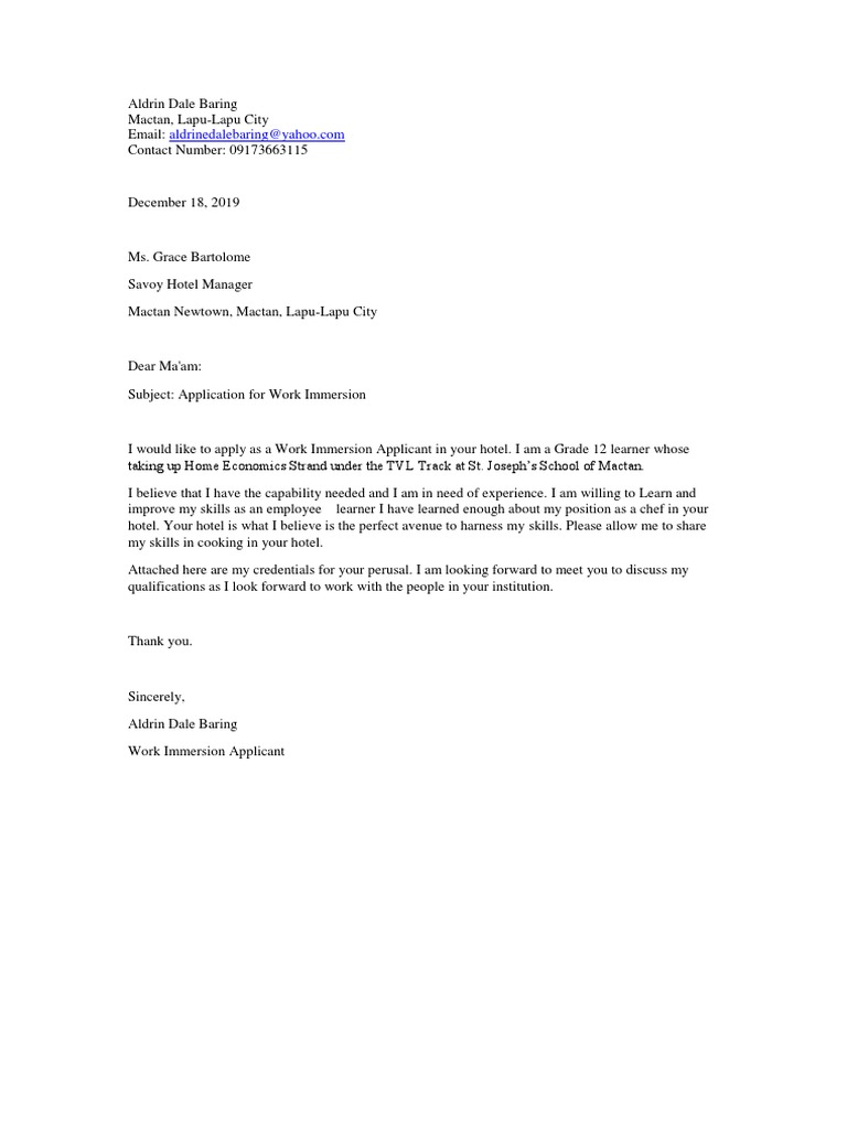 APPLICATION-LETTER Work Immersion | PDF