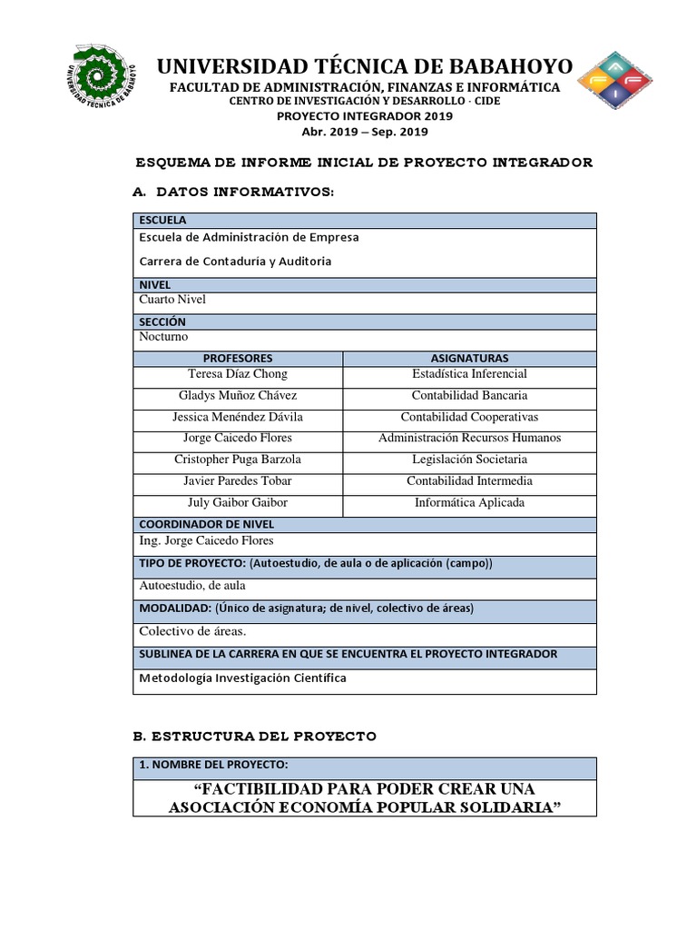 Esquema de Informe Inicial de Proyecto Integrador | PDF | Cooperativa | Contabilidad