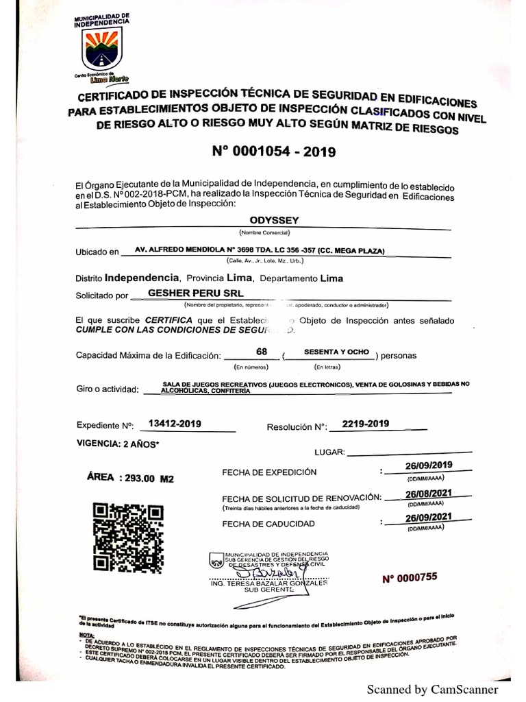 Ejemplo de Certificado de Inspección Técnica de Seguridad en Edificaciones (2019), Licencia ...