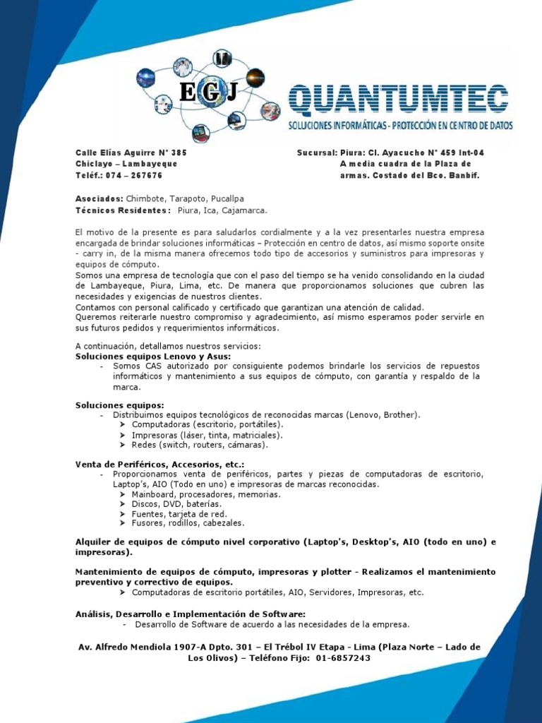 Carta de Presentacion Quantumtec Sac | PDF | Centro de datos | La ...