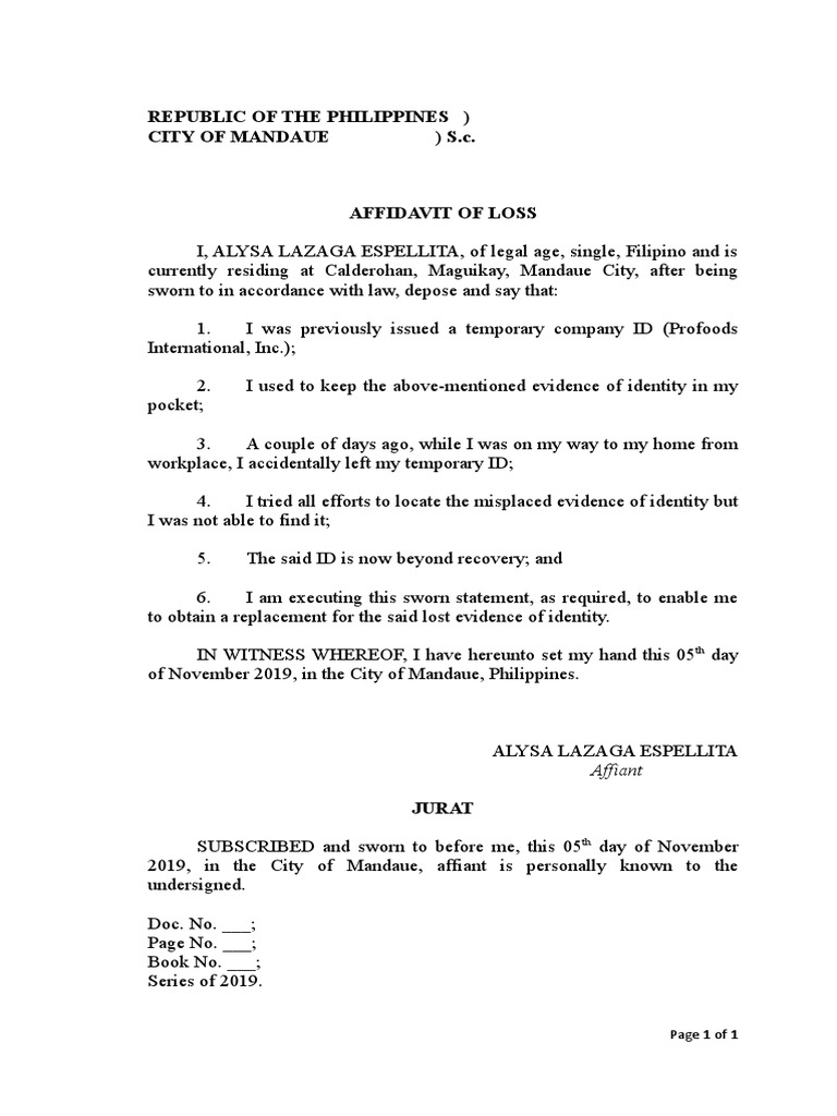 Affidavit of Loss (Company ID-EE) | PDF