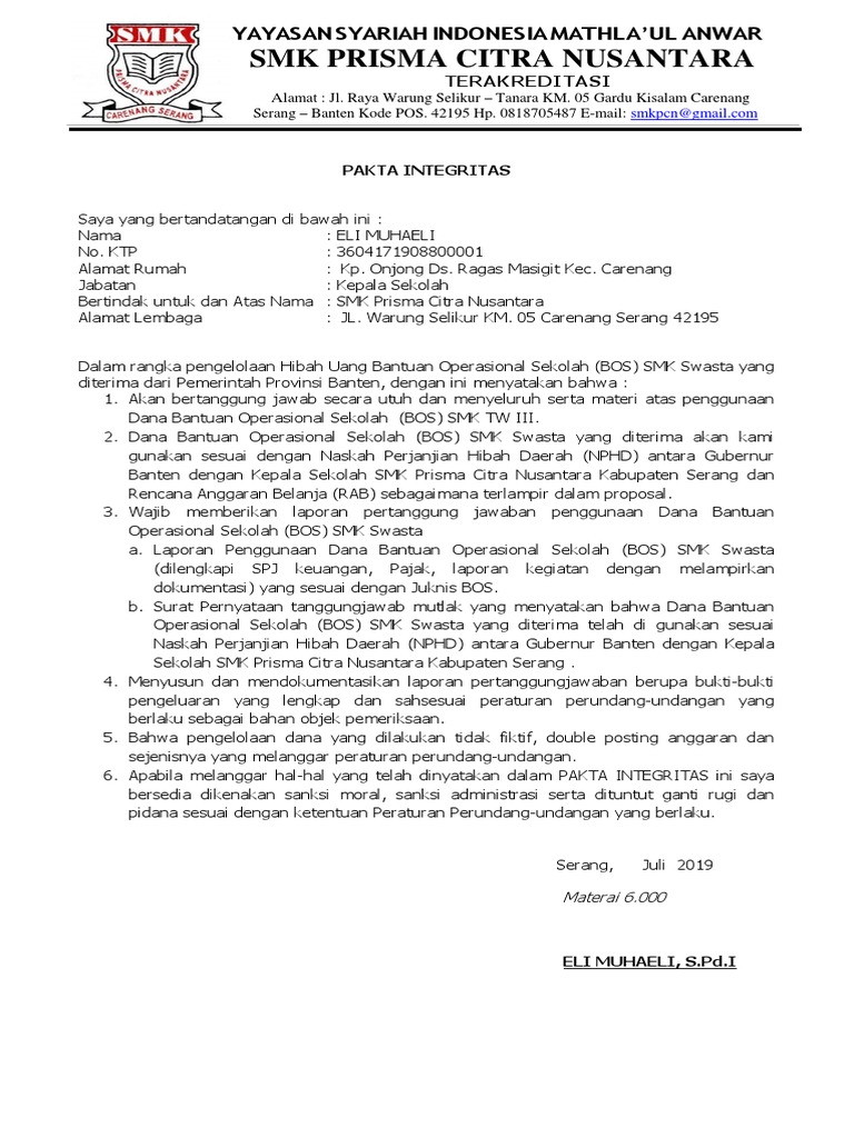 Pakta Integritas SMK | PDF
