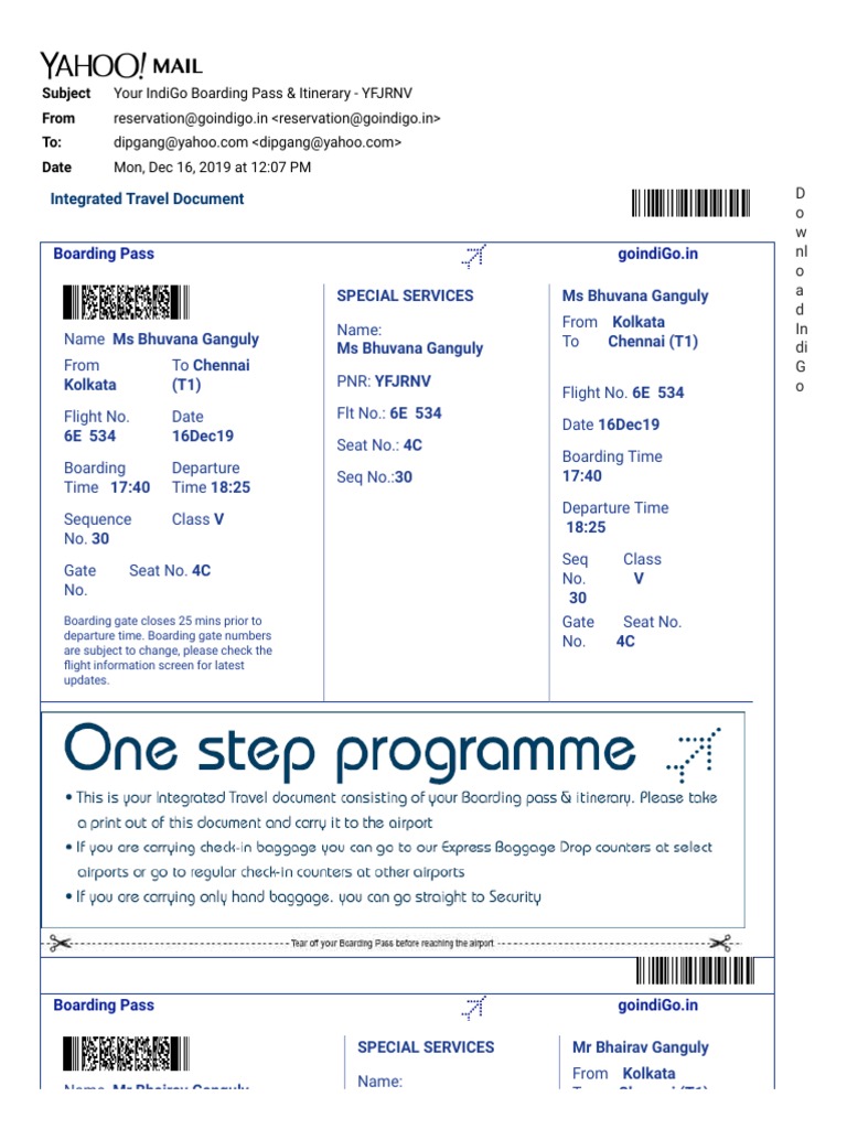Yahoo Mail Document - Your IndiGo Boarding Pass - YFJRNV PDF | PDF | Airport | Business