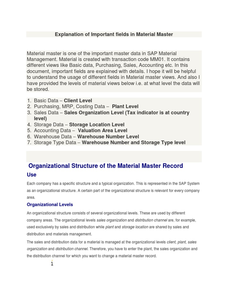 Explanation of Important Fields in Material Master | PDF