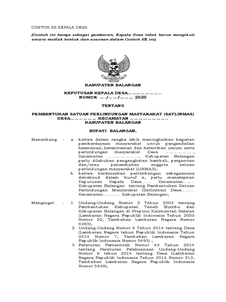 Contoh SK Desa TTG Linmas 2019 | PDF