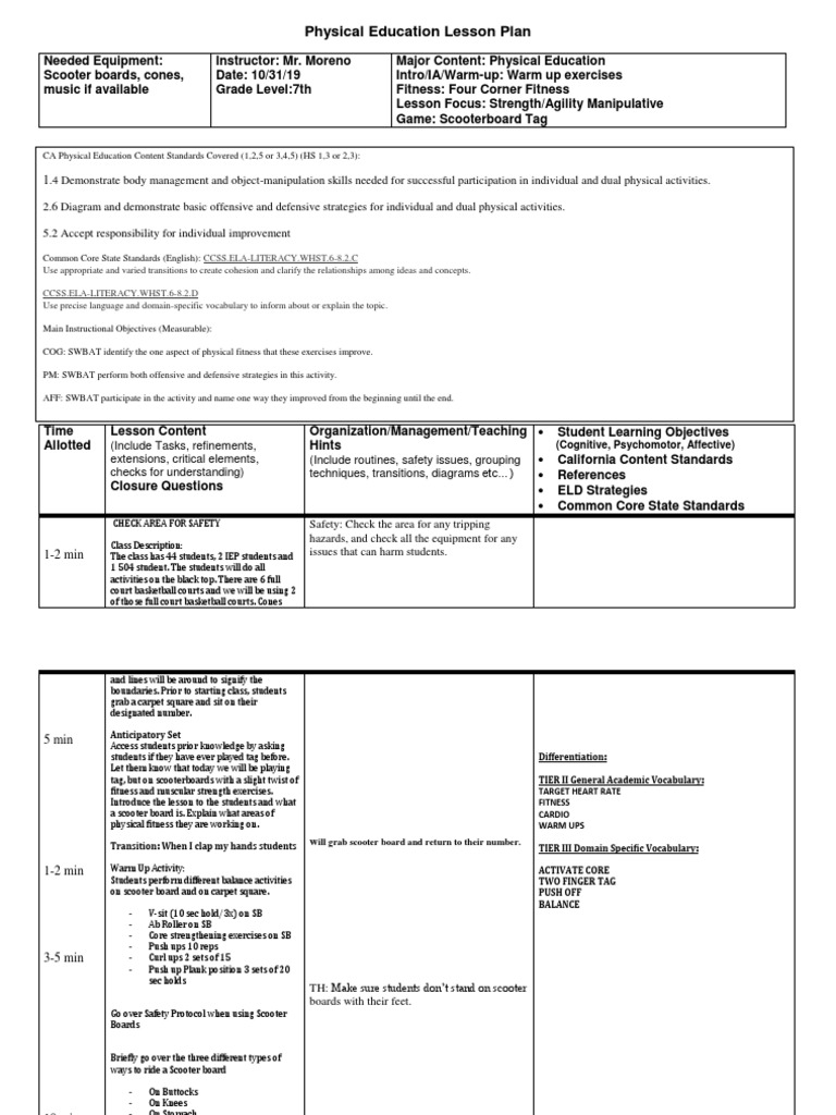 7th Grade Scooter Board PE Lesson | PDF | Lesson Plan | Physical Education