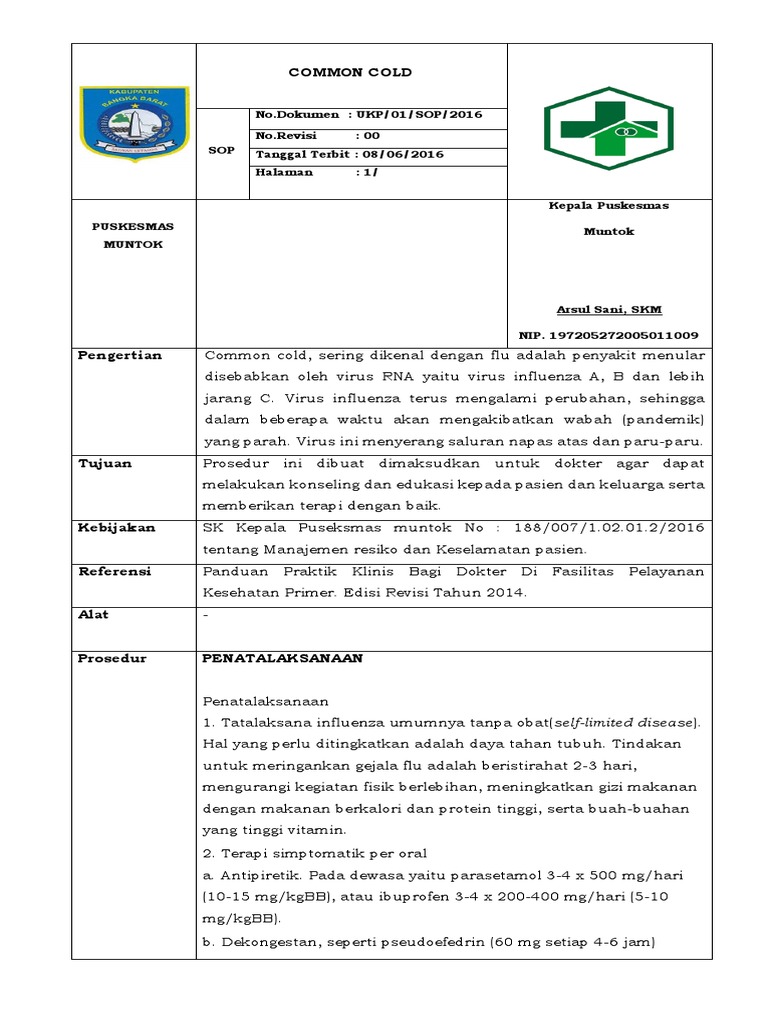 STANDAR OPERASIONAL PROSEDUR PENATALAKSANAAN PENYAKIT COMMON COLD DI PUSKESMAS MUNTOK | PDF