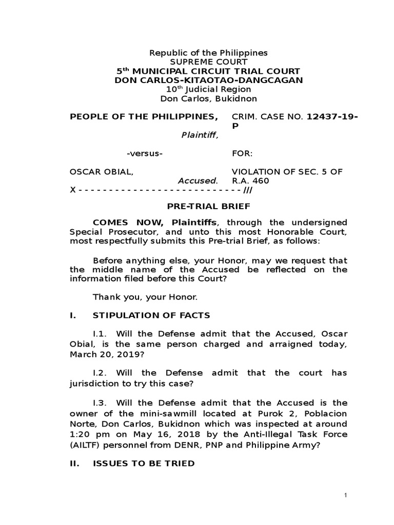 Pre-Trial Brief for Oscar Obial Case | PDF | Prosecutor | Government ...