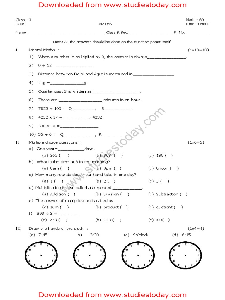 CBSE Class 3 Maths Sample Paper Set A | PDF | Multiplication ...