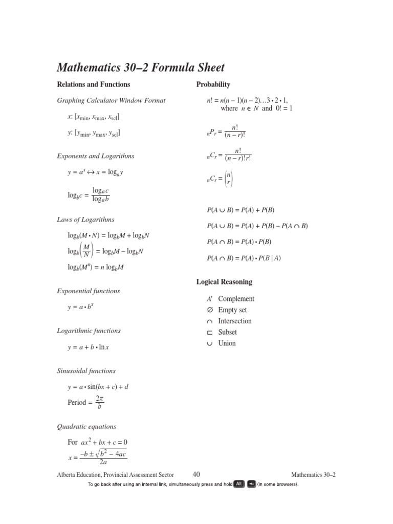 Math 30-2 Formula Sheet | PDF
