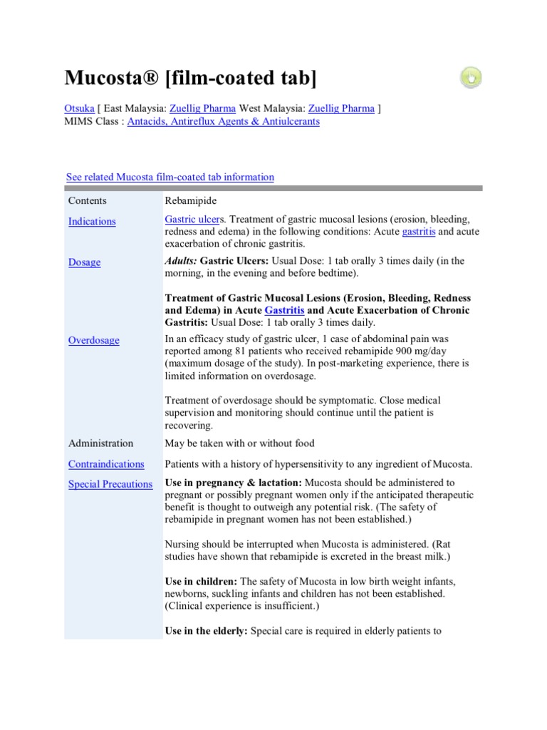 Mucosta film-coated tab | PDF | Pharmacokinetics | Clinical Medicine