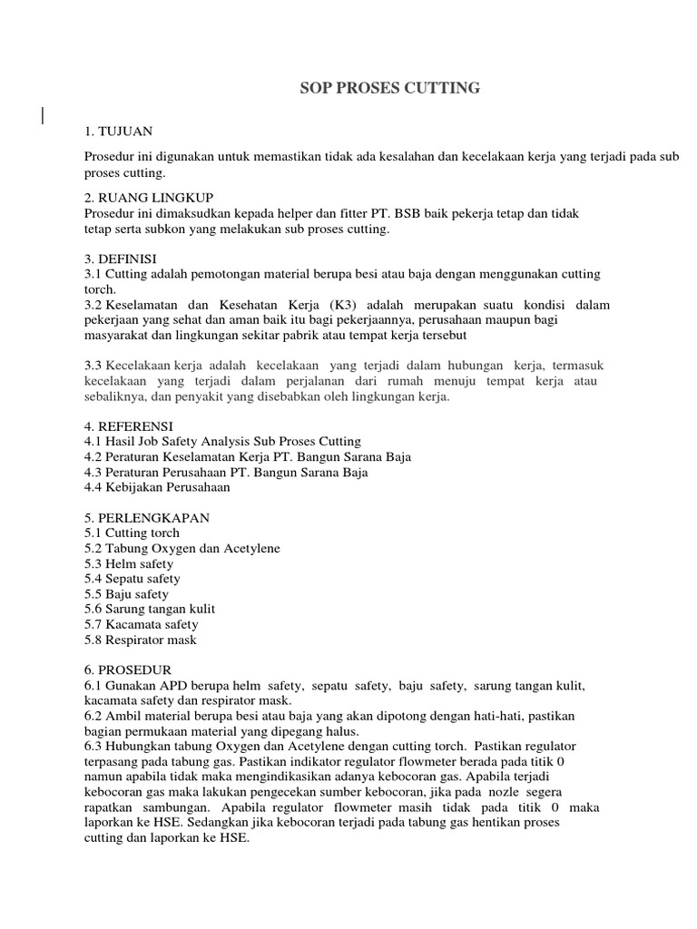 Sop Proses Cutting | PDF