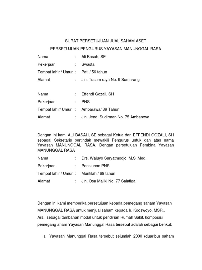 Surat Persetujuan Jual Saham | PDF