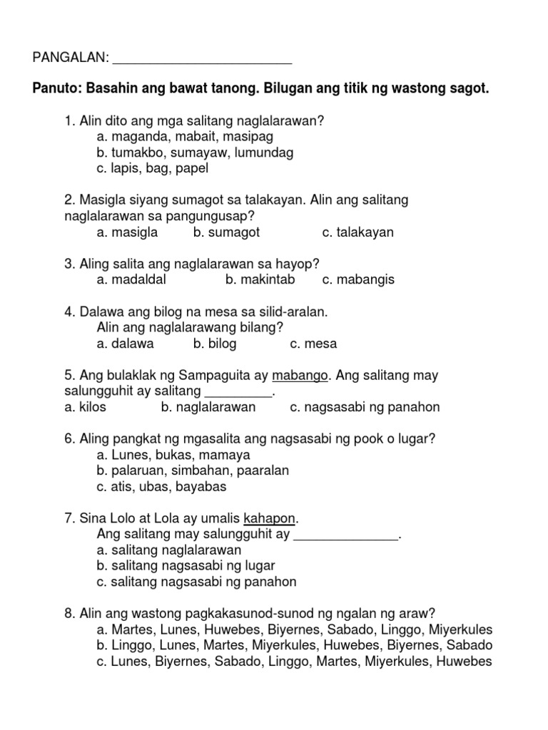 Filipino (Pang-Uri, Araw Sa Isang Linggo, Etc) | PDF