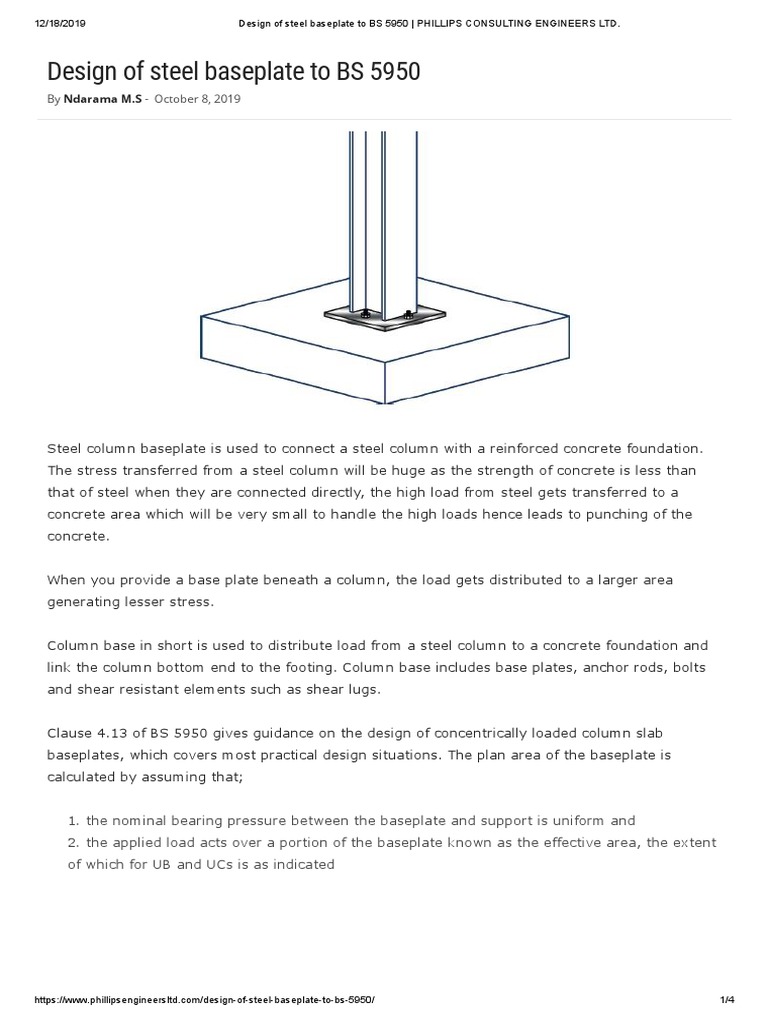 Design of Steel Baseplate To BS 5950 - PHILLIPS CONSULTING ENGINEERS LTD | PDF | Column | Concrete