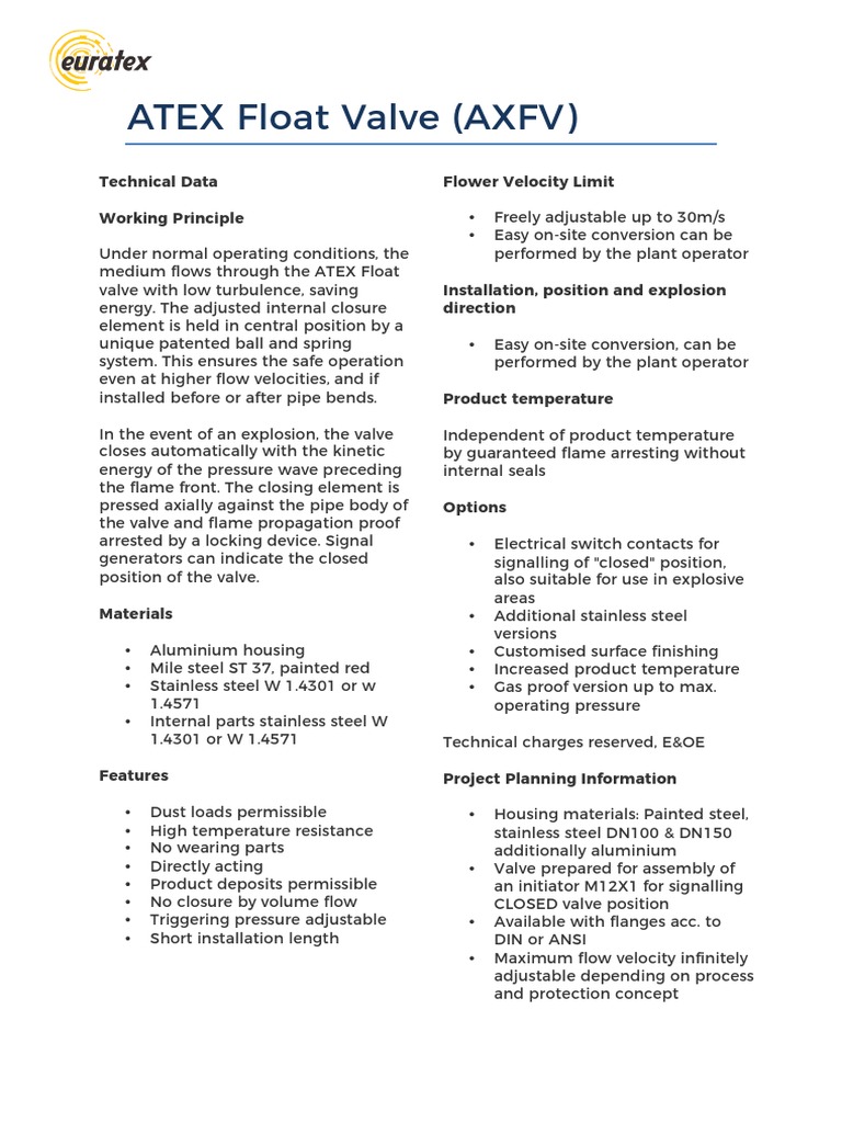 ATEX Float Valve Data Sheet | PDF | Valve | Stainless Steel