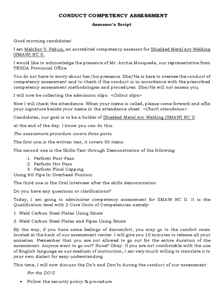 Conduct Competency Assessment | PDF | Welding | Construction