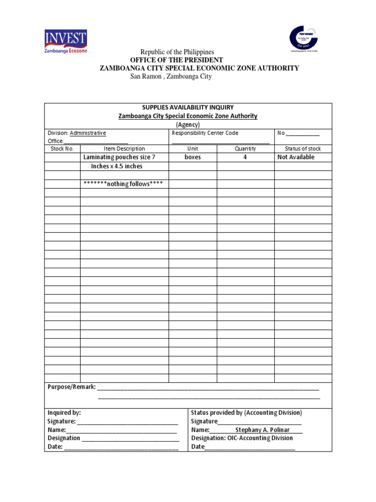 Supplies Availability Inquiry4 | PDF