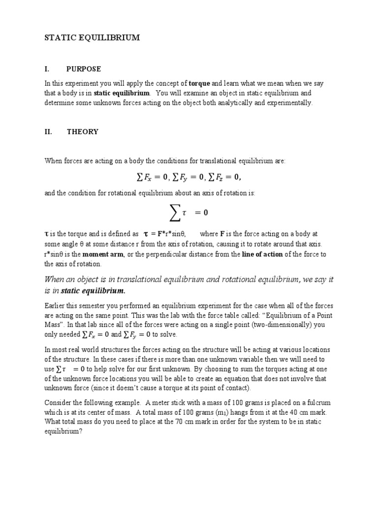 Static Equilibrium Lab Guide | PDF | Torque | Force