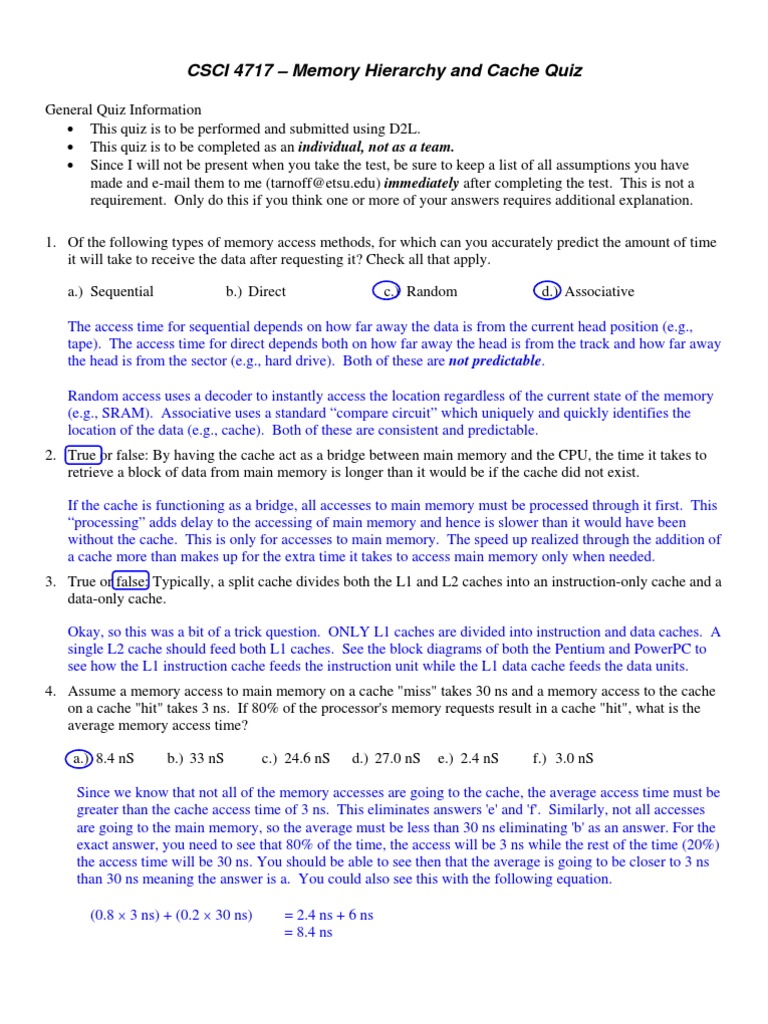 Memory Hierarchy and Cache Quiz Answers | PDF | Cpu Cache | Areas Of ...
