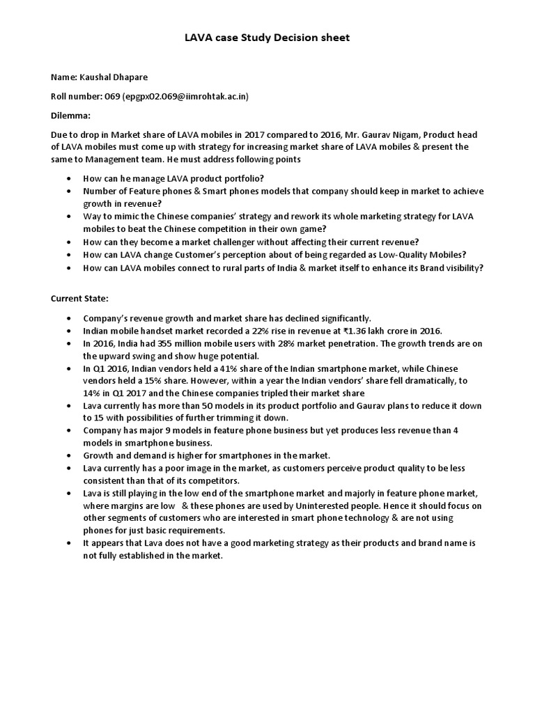 Lava Case Study Decision Paper Kaushal | PDF | Brand | Smartphone