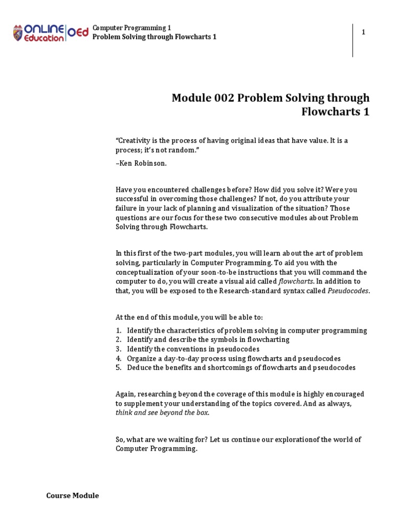 Lesson 2: Problem Solving Through Flowcharts 1 | PDF | Computer ...