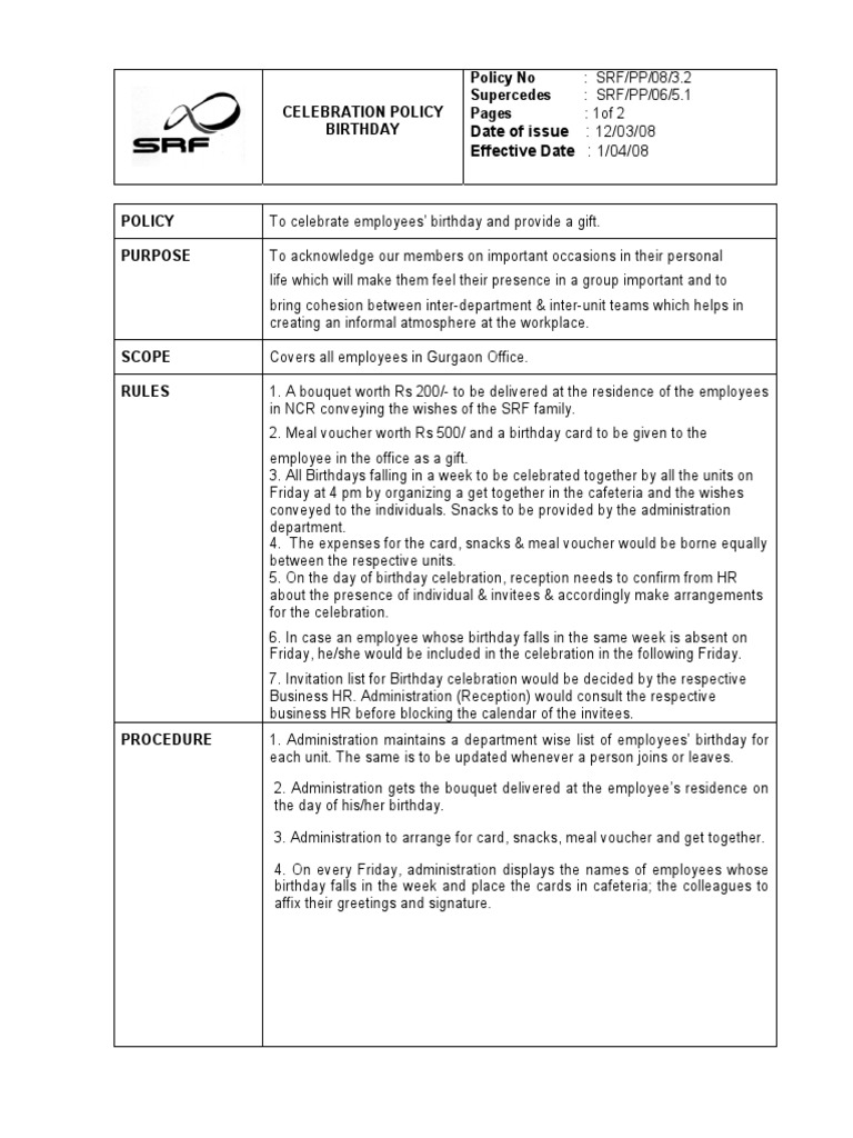 Celebration Policy Birthday | PDF | Employee | Business