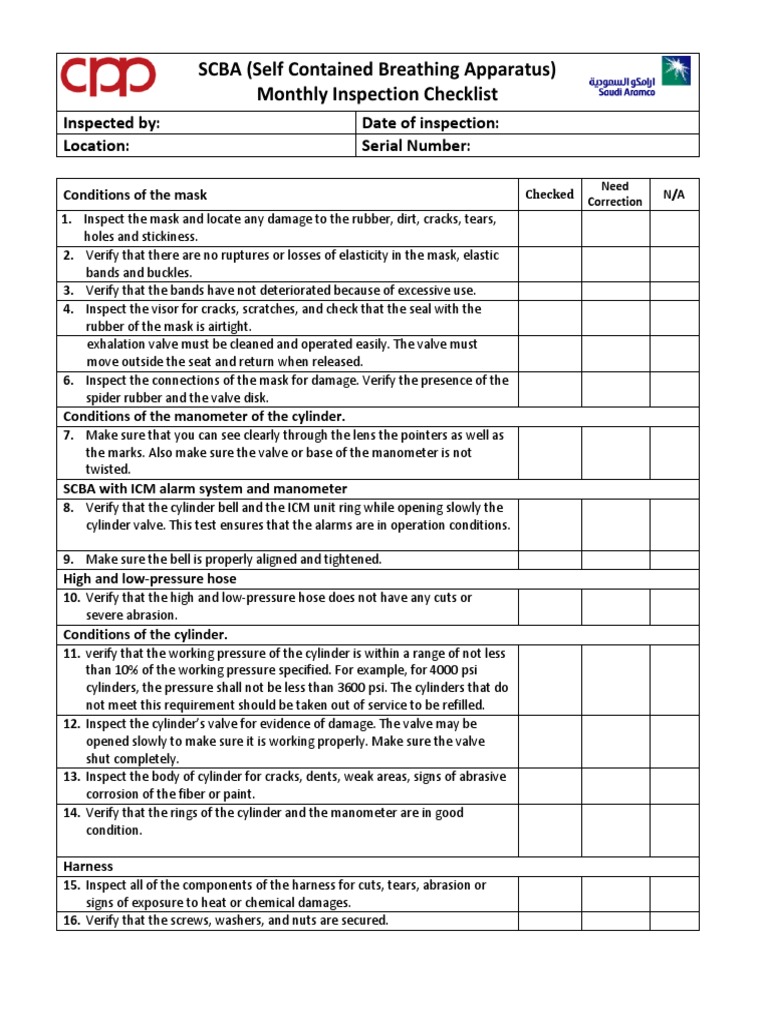 SCBA Checklist | Mechanical Engineering | Equipment