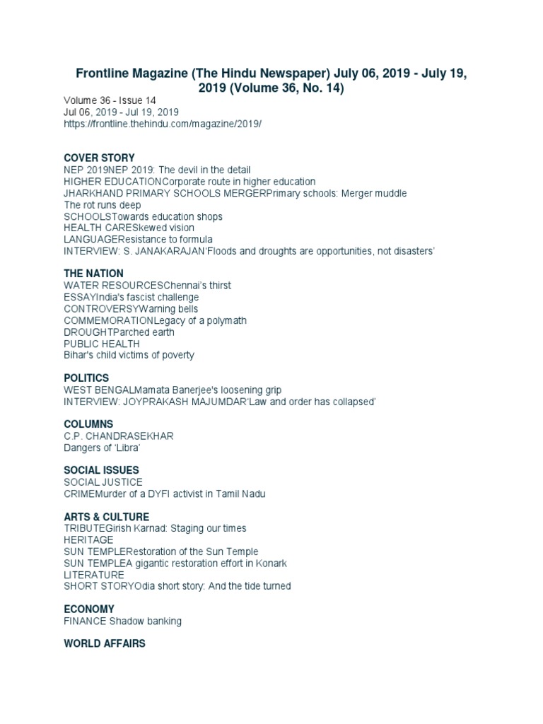 Frontline Magazine (The Hindu Newspaper) July 06, 2019 - July 19, 2019 ...