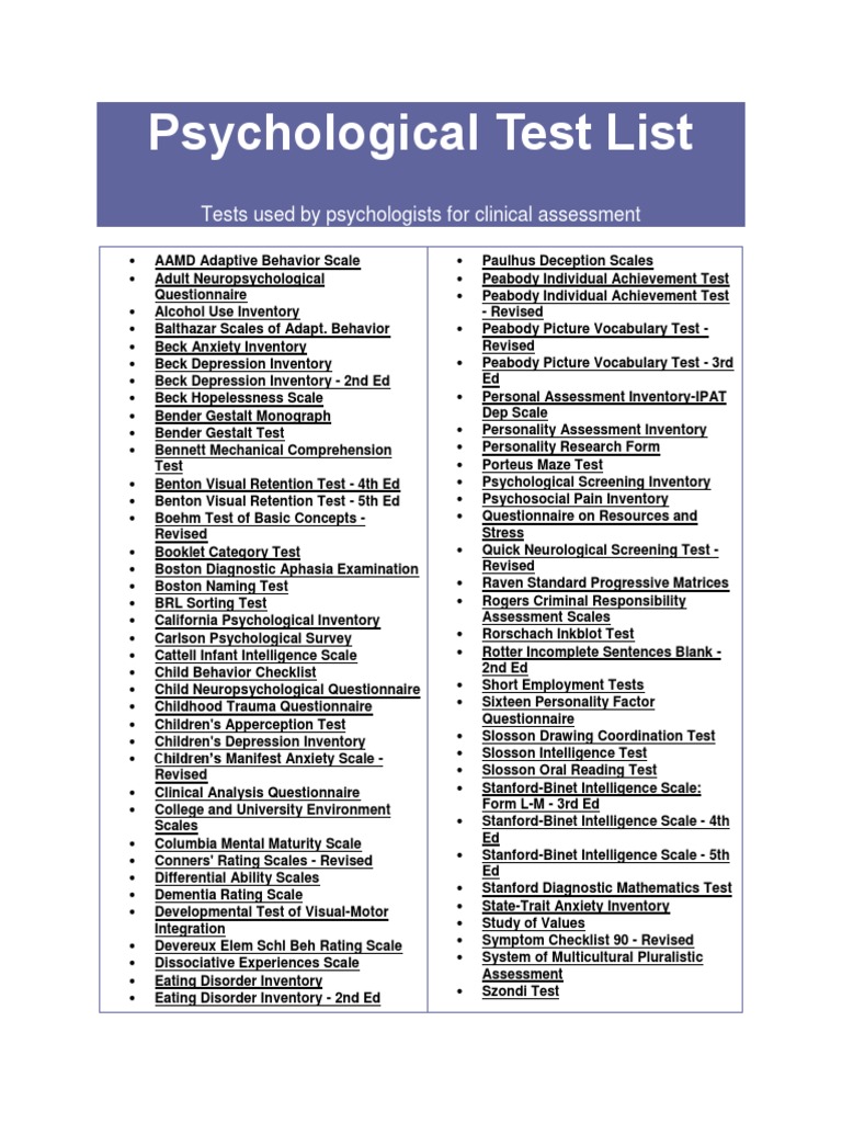 Psychological Test List | Download Free PDF | Psychological Testing ...
