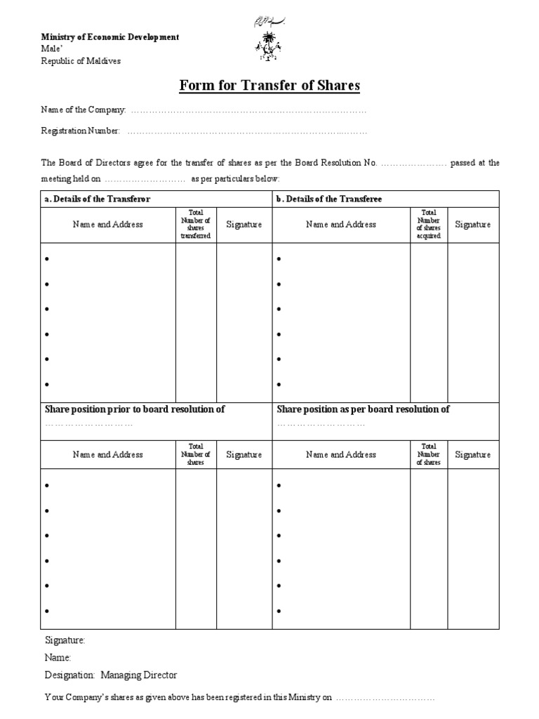 Transfer of Shares Form Documenting the Transfer of Ownership Stakes ...