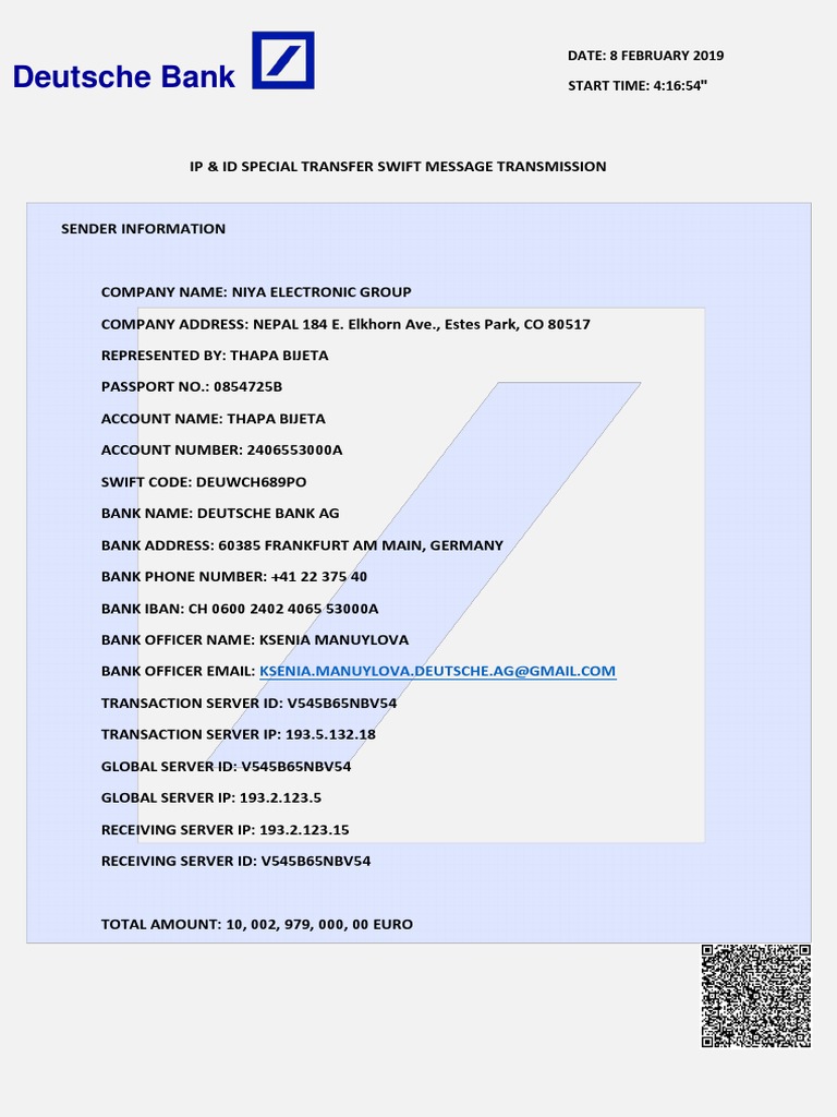 International Funds Transfer Document Detailing Procedures and Information for a €10 Billion ...