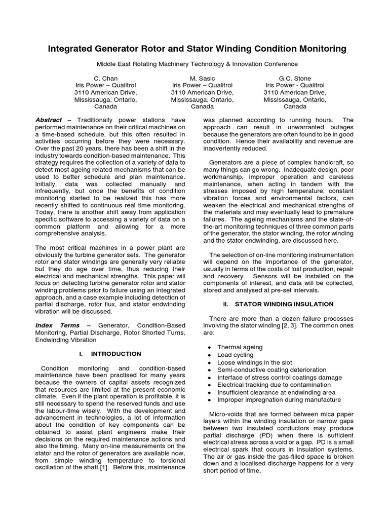 Integrated Generator Rotor And Stator Winding Condition Monitoring Pdf Electric Generator