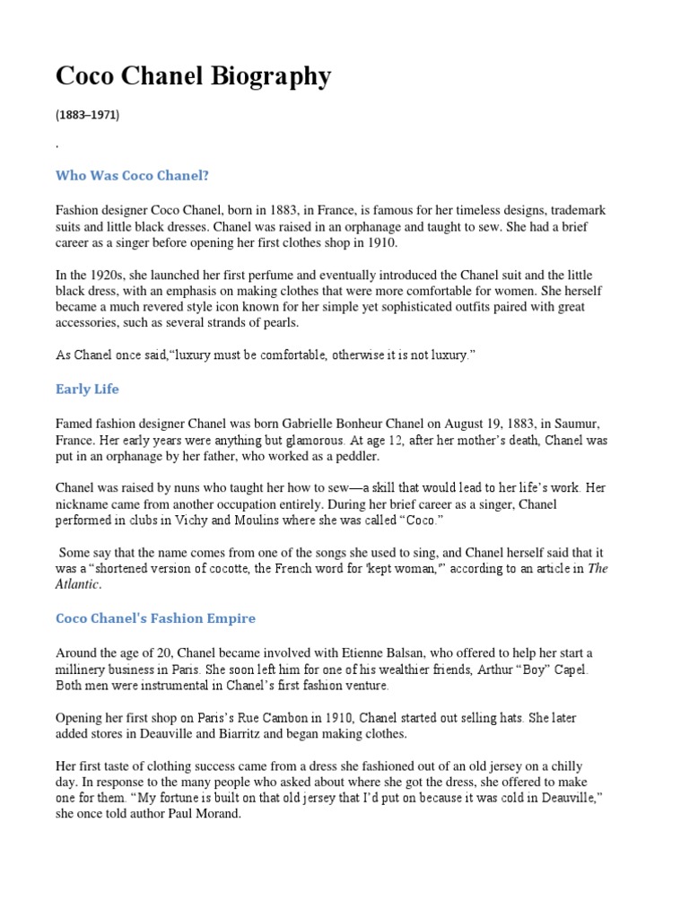 Coco Chanel Biography | PDF | Clothing | Fashion