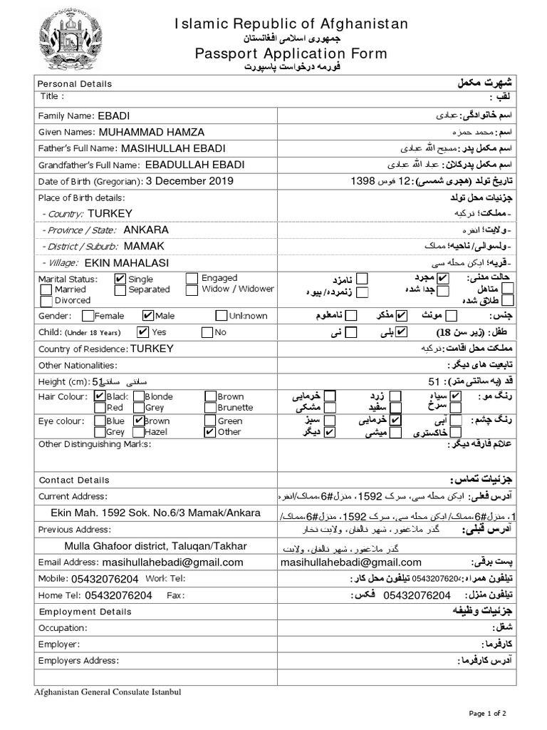 Afghanistan Passport Application Form | PDF | Government And Personhood ...