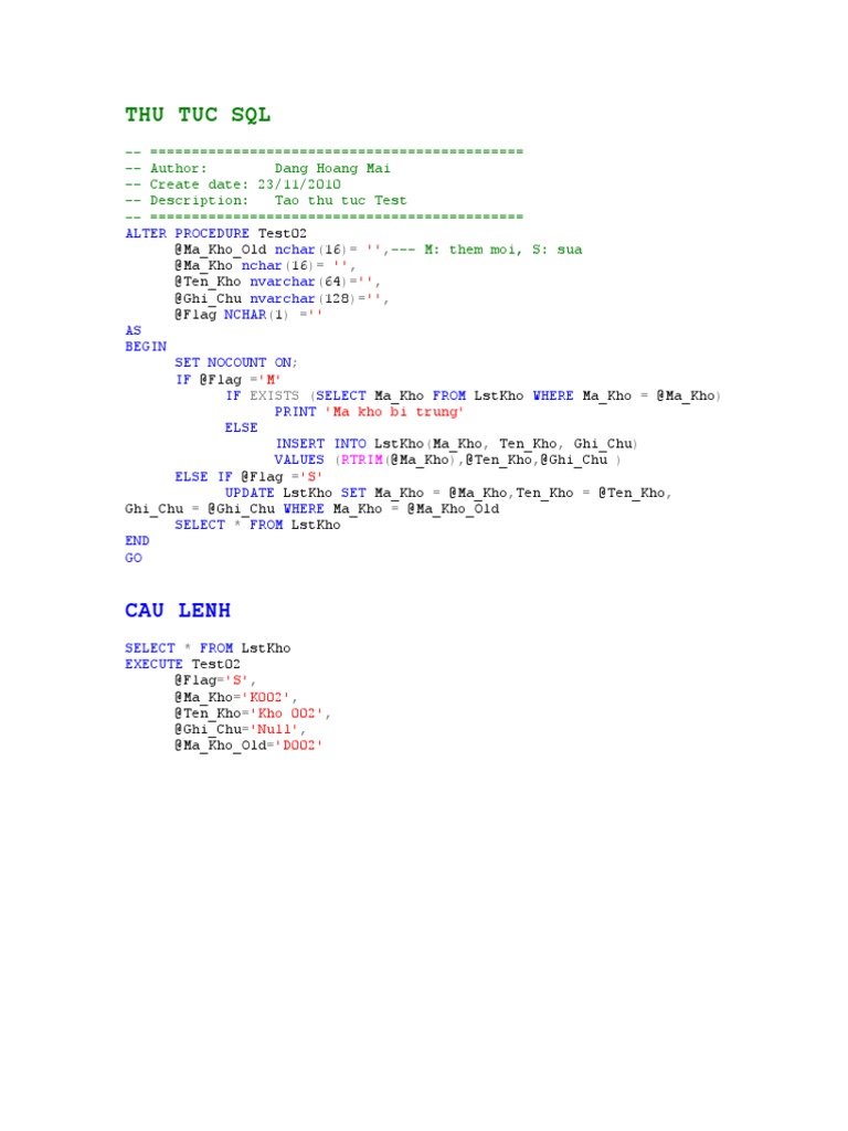 Thủ Tục SQL: Quản Lý Kho | PDF