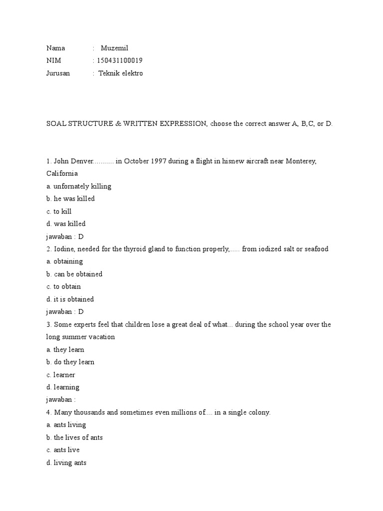 Student Information and Sample Test Questions on Structure and Written ...