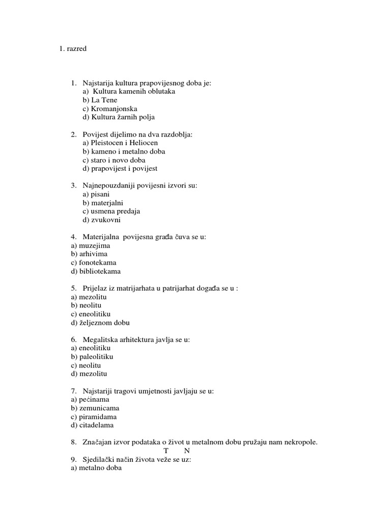 POVIJEST - Dodatna Pitanja Za 1 - I - 2 - Razred | PDF