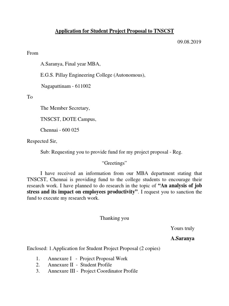 3 Application For Student Project Proposal To TNSCST Letter